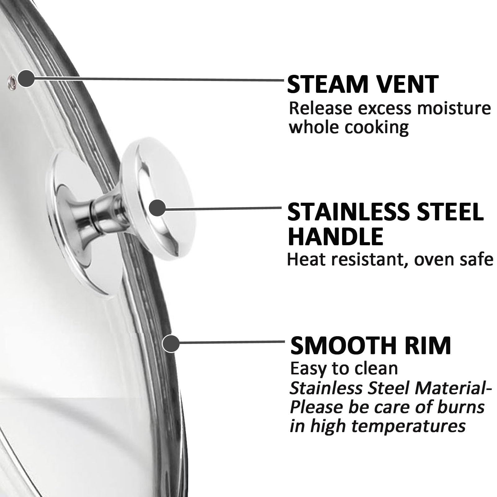 Glass Lids for 8, 9.5, 10.25, 11, 12, 12.6 Inch Frying Pans, Pots, Cast Iron Pans, Tempered Covers for Replacement with Stainless Steel Rim & Handle, Dishwasher & Over Safe