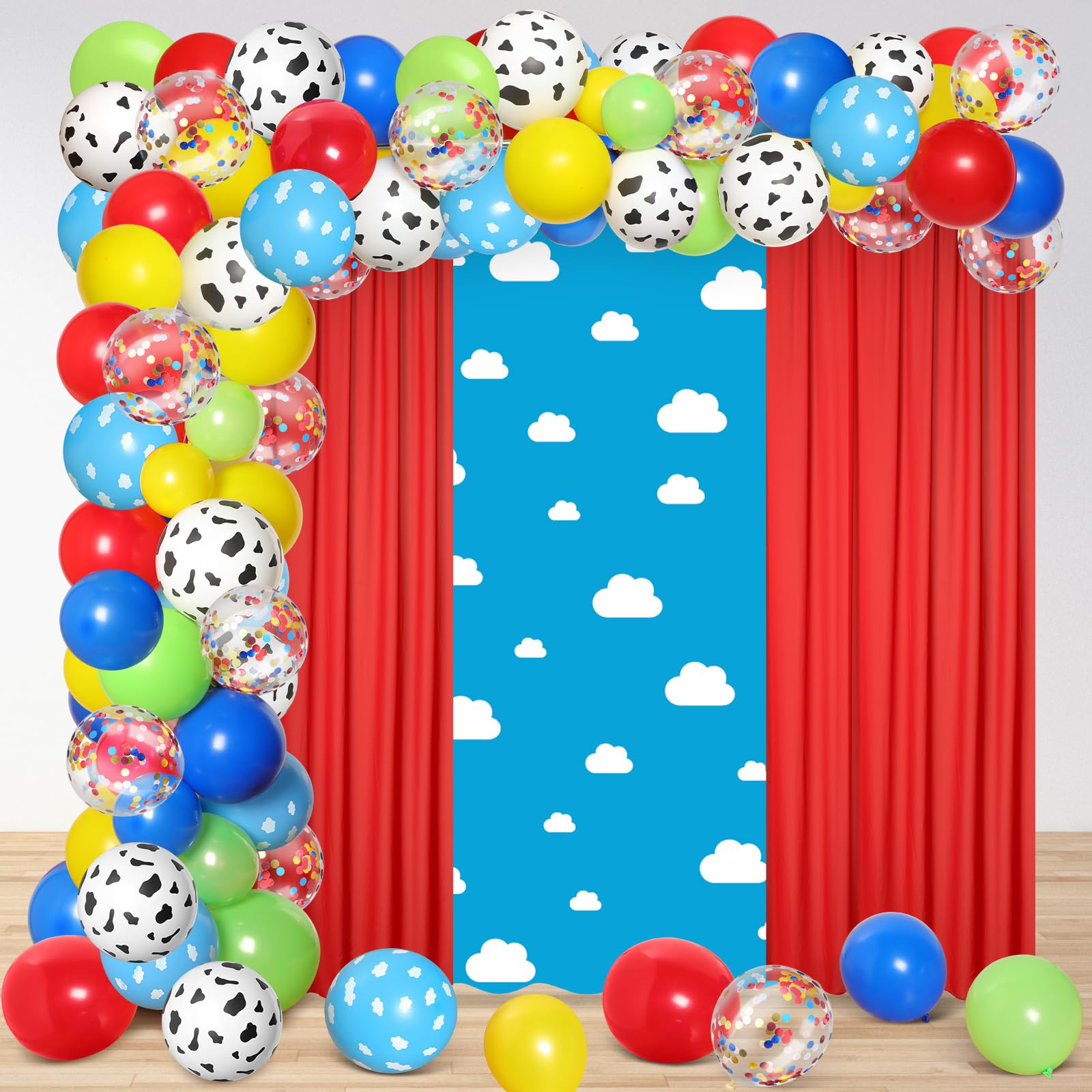 SmoothNovelty 116 Pcs Story Party Decorations Kit Includes 1 Blue Sky White Clouds Backdrop 2 Panels Chiffon Backdrop Curtain 110 Balloons with 3 Roll Accessories for Boys Girls Birthday Baby Shower