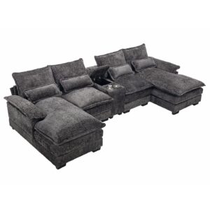 KIVENJAJA 123” Modular Sectional Couch with Console, Cup Holders and USB Ports, Modern U-Shaped Cloud Sofa w/Double Chaise & Deep Seat for Living Room, Chenille, Grey