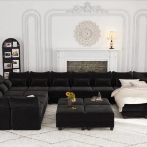 LLappuil Oversized Sleeper Sectional Sofa with Storage 21 Seater Modern U Shaped Modular Sectional Couches for Living Room, Adjustable Armrest Backrest, Chenille, Black