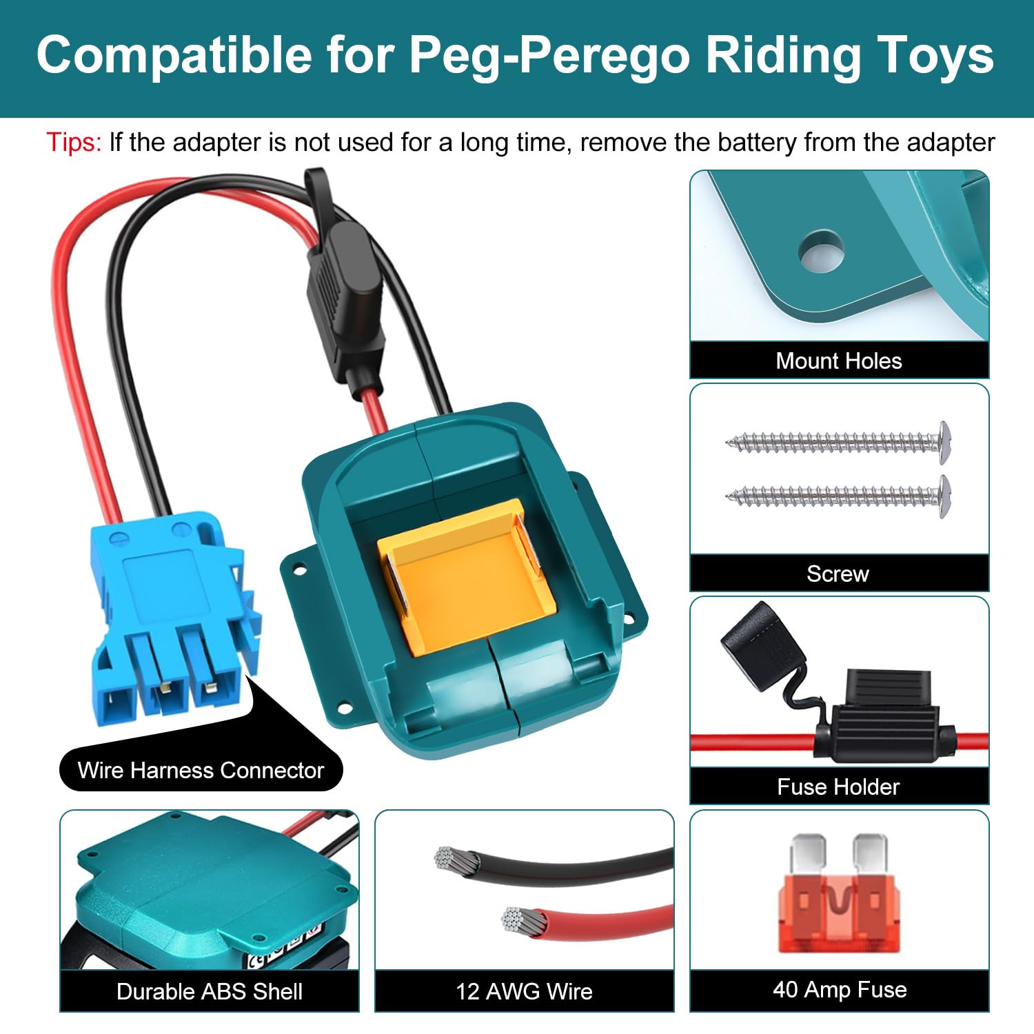 for Power Wheel Adapter for Makita 18V LXT Battery with Wire Harness Connector and Fuse Holder Compatible for Peg-Perego 12 Volt for Power Wheel Kids Ride-on Toy, 12AWG Wire with 40A Fuse