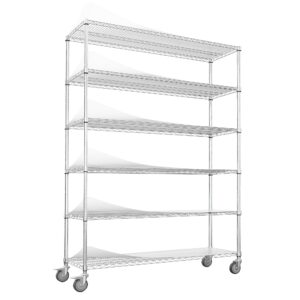 Dolonm 6-Tier Storage Shelves Wire Shelving Unit, 6000 LBS NSF Height Adjustable Shelves Organizer with Wheels, 18"L x 60"W x 87.5"H, Heavy Duty Garage Shelving for Restaurant, Office, Kitchen, Chrome