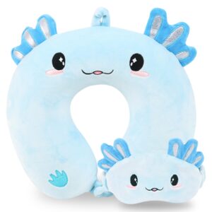 travel pillow, kids travel pillow with sleep eye mask soft memory foam kids neck pillow for boys & girls, travel accessories for car airplane traveling - blue axolotl