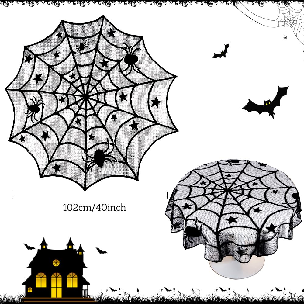 Halloween Tablecloth Round Black Lace Spiderweb Tablecloth 40 Inch Halloween Lace Table Topper Table Runner Halloween Table Cloth Spider Cobweb Table Cover Halloween Table Decorations Fireplace Cover