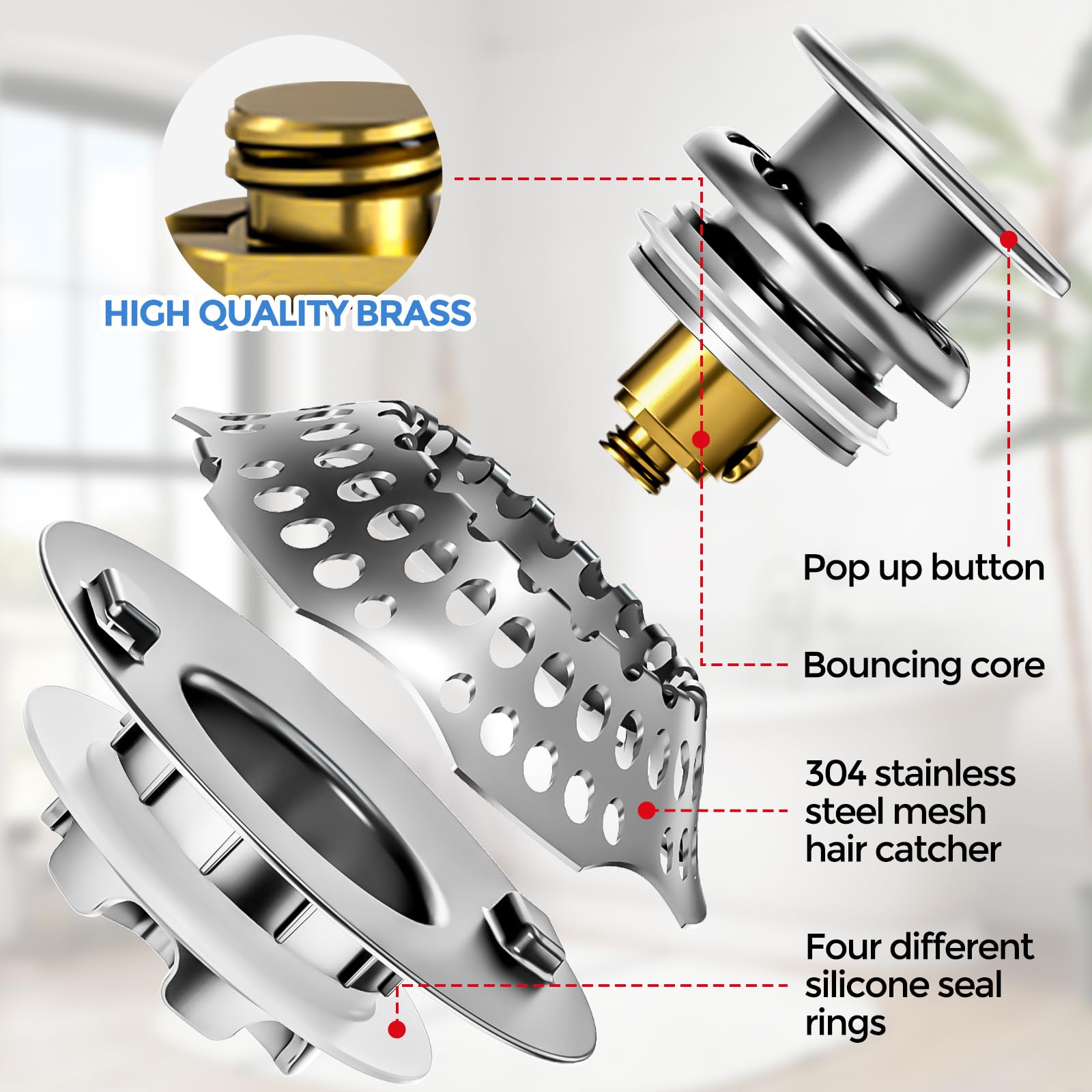 zaa Bathtub Drain Stopper, Upgraded 2in1 Tub Stopper Bathtub Drain Cover and Hair Catcher, Pop Up Bathtub Drain Plug, Replaces Lift & Turn, Tip-Toe or Trip Lever, for 1.46-2" W Drain Hole, Silver