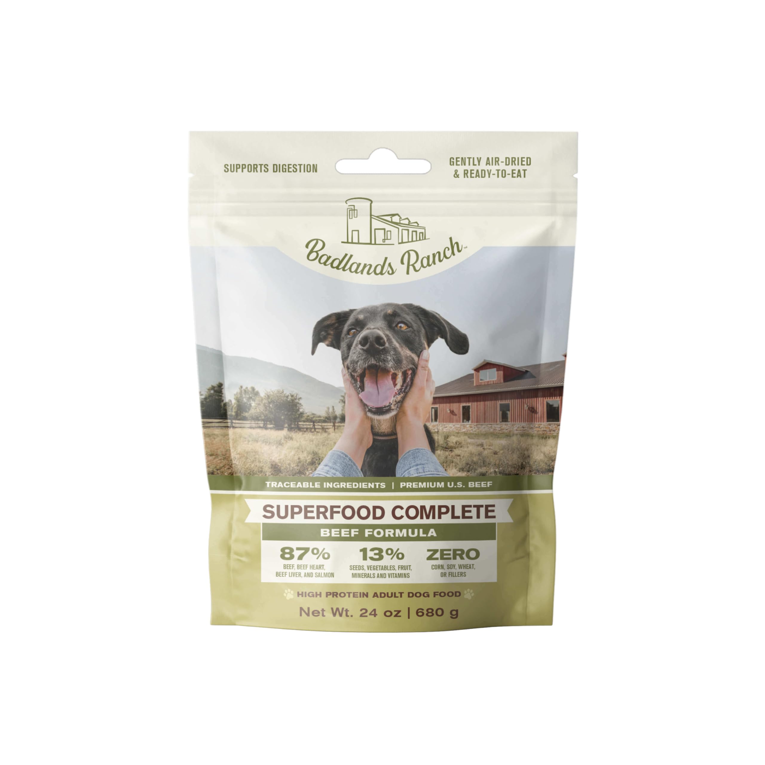 BADLANDS RANCH Superfood Complete, Air-Dried Adult Dog Food, 24 Ounce Premium Beef and Super Gut Organic Supplement 90 Grams, 30 Scoops