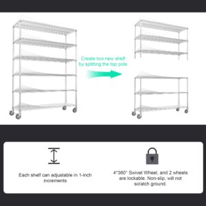 Dolonm 6-Tier Storage Shelves Wire Shelving Unit, 6000 LBS NSF Height Adjustable Shelves Organizer with Wheels, 18"L x 60"W x 87.5"H, Heavy Duty Garage Shelving for Restaurant, Office, Kitchen, Chrome