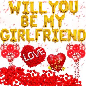 will you be my girlfriend balloons - 16'' alphabet letters foil mylar balloon, 18" heart shaped balloon with 500 pcs artificial rose and 100 pcs white petals for valentine anniversary decorations