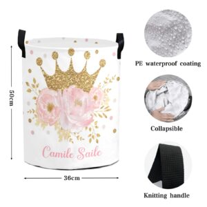 Personalized Laundry Baskets Bin,Pink Floral Gold Crown Princess Laundry Hamper with Handles, Collapsible Waterproof Clothes Hamper,Storage for Bedroom, Bathroom, Toys 50L