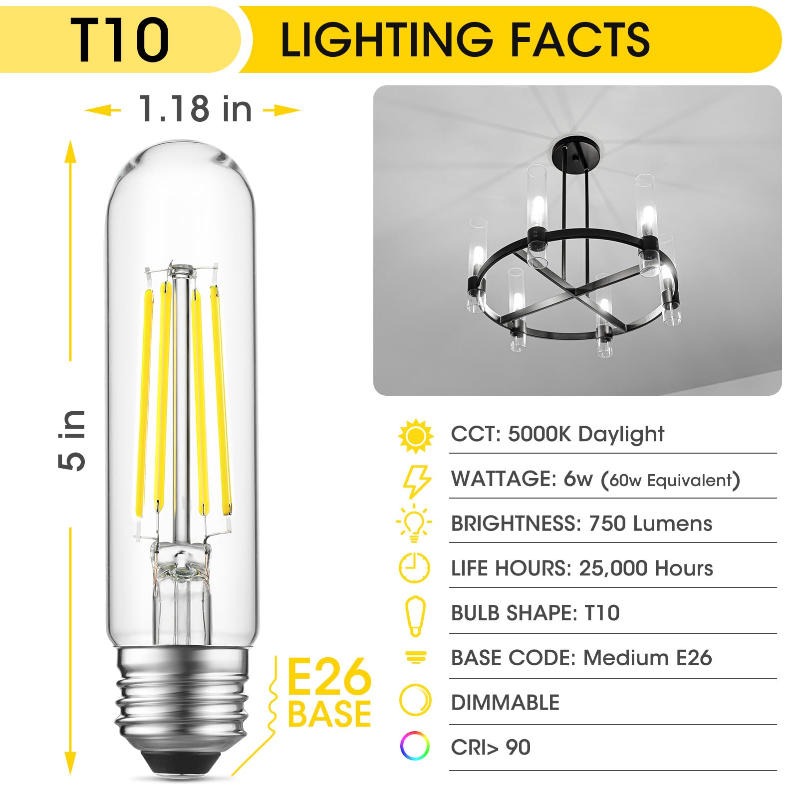 Gozelux E26 LED Bulb 6W Equal 60 Watt Light Bulbs Daylight 5000K E26 Edison Bulb AC120V 750lm Dimmable 5 Inch Long Tubular T10 LED Bulb for Rustic Pendant, Chandeliers, Wall Sconces, Pack of 6