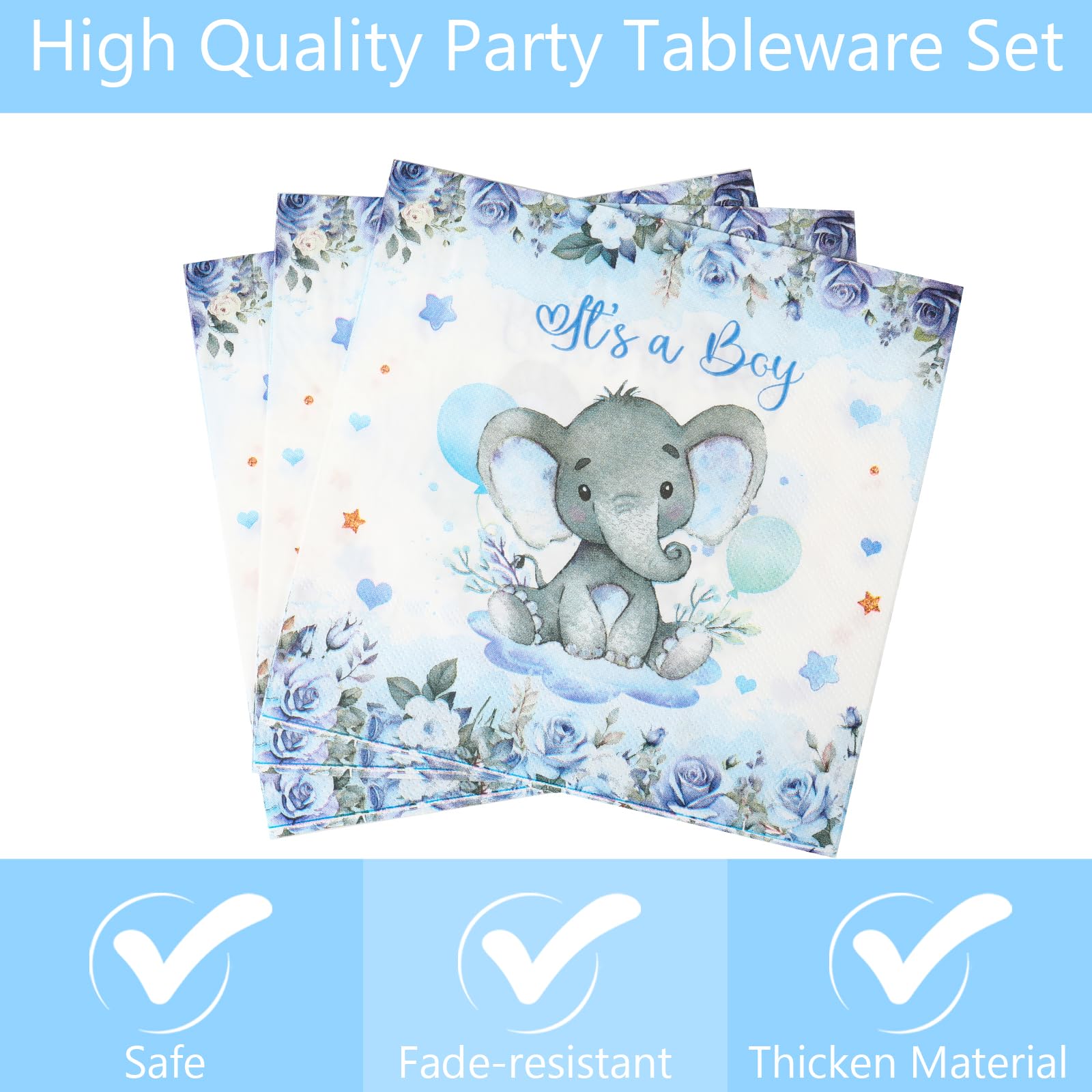 Boy Elephant Baby Shower Decorations Plates - Blue Elephant Plates Disposable Cups,Napkin with Blue flowers for 24 Elephant Theme Party Supplies,Baby Shower Wedding Birthday Party