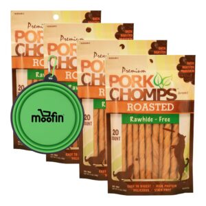 pork chomps dog chews, roasted skin dog chews bundled with silicon pet bowl - 5-inch mini dog treat sticks, healthy natural, promotes dental health, long-lasting [pack of 4]