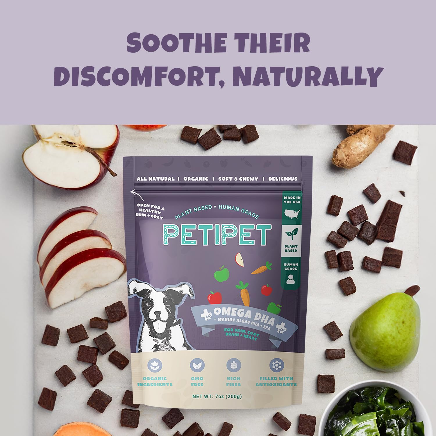 Petipet Omega 3 for Dogs - Skin, Coat, Brain and Heart Health Supplement - for Dry, Itchy, or Flaky Skin - Allergies and Itch Relief Chews - DHA and EPA Omega 3 Fatty Acids from Marine Algae