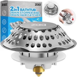 zaa bathtub drain stopper, upgraded 2in1 tub stopper bathtub drain cover and hair catcher, pop up bathtub drain plug, replaces lift & turn, tip-toe or trip lever, for 1.46-2" w drain hole, silver