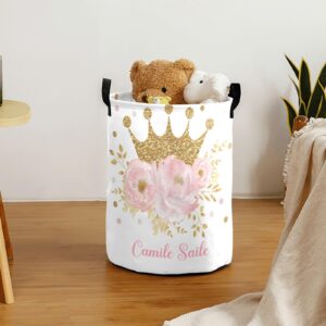 Personalized Laundry Baskets Bin,Pink Floral Gold Crown Princess Laundry Hamper with Handles, Collapsible Waterproof Clothes Hamper,Storage for Bedroom, Bathroom, Toys 50L