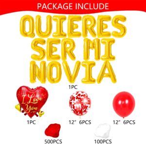 QUIERES SER MI NOVIA BALLOONS - 16" Inch Alphabet Letters Foil Mylar Balloon, Quieres Ser Mi Novia Balloons Spanish with 500 Pcs Artificial Rose for Valentines Anniversary Day Banner Decorations