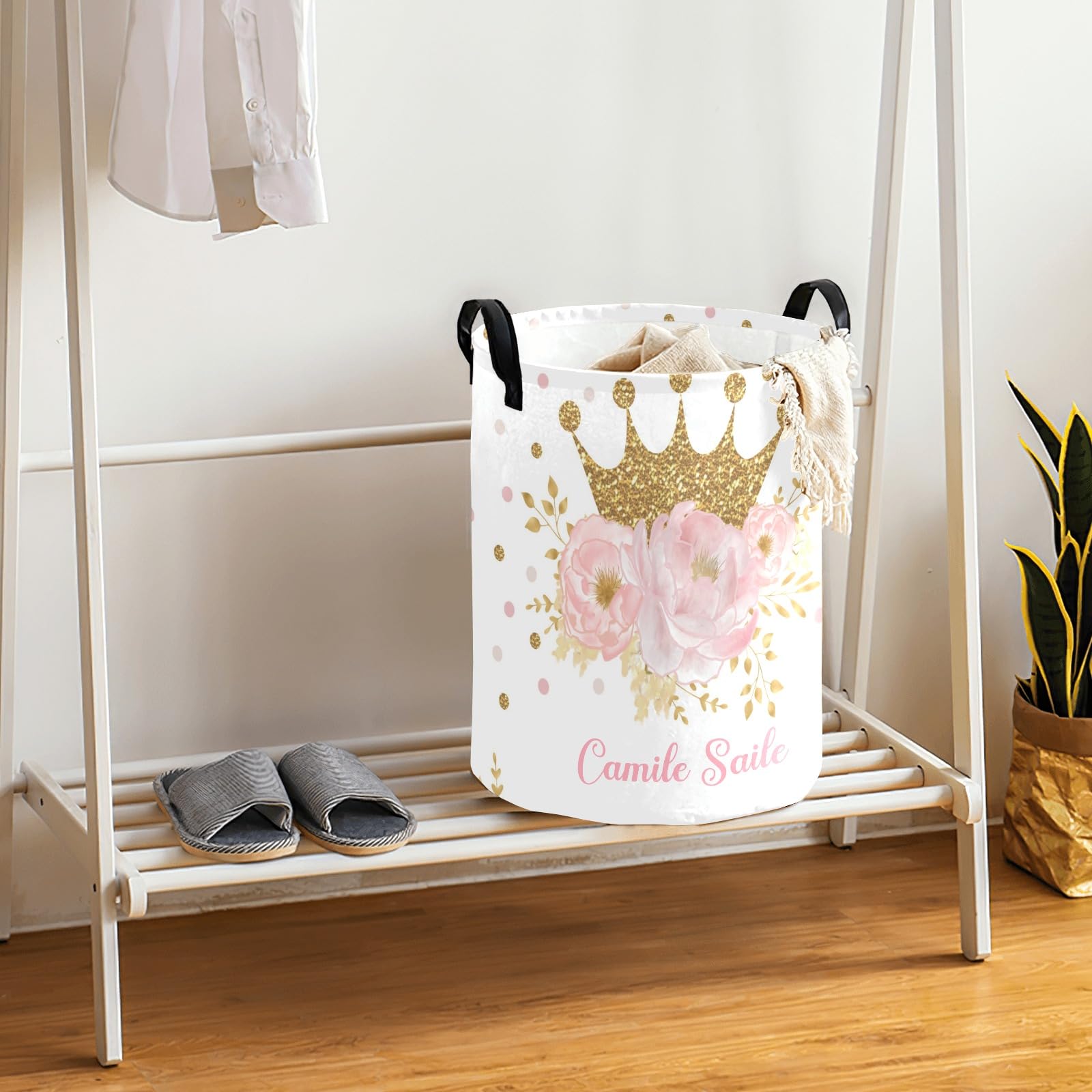 Personalized Laundry Baskets Bin,Pink Floral Gold Crown Princess Laundry Hamper with Handles, Collapsible Waterproof Clothes Hamper,Storage for Bedroom, Bathroom, Toys 50L