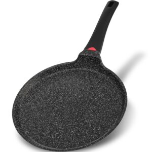 non stick 11 inch granite coated crepe pan - lightweight 4.27 quart dosa pan with comfort stay cool grip handle - induction compatible pfoa free tortilla pan (black)