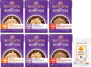 aurora pet variety pack (6) wellness bowl boosters hearty wet dog toppers (2) beef (2) chicken (2) turkey (5.5-oz each) with aurorapet wipes