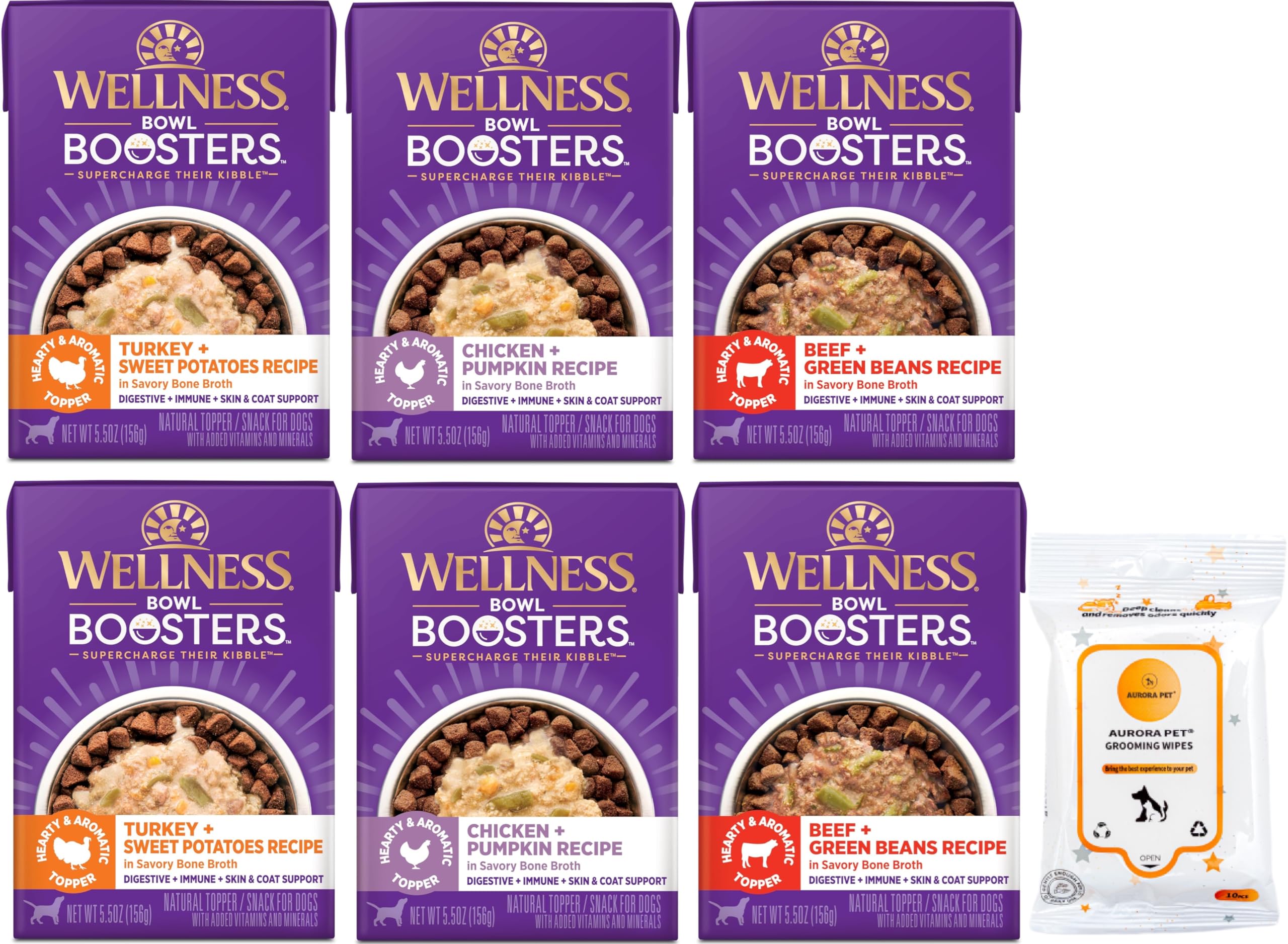 Aurora Pet Variety Pack (6) Wellness Bowl Boosters Hearty Wet Dog Toppers (2) Beef (2) Chicken (2) Turkey (5.5-oz Each) with AuroraPet Wipes