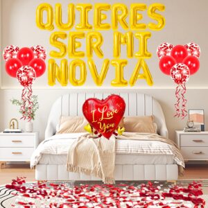 QUIERES SER MI NOVIA BALLOONS - 16" Inch Alphabet Letters Foil Mylar Balloon, Quieres Ser Mi Novia Balloons Spanish with 500 Pcs Artificial Rose for Valentines Anniversary Day Banner Decorations