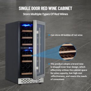 Wine Cooler Refrigerator - 28 Bottle Capacity, Double-Layer Glass Door, Temperature Stable System, Digital Temperature Control, Single Area Dual Temperature, Built-in or Freestanding，with Lock