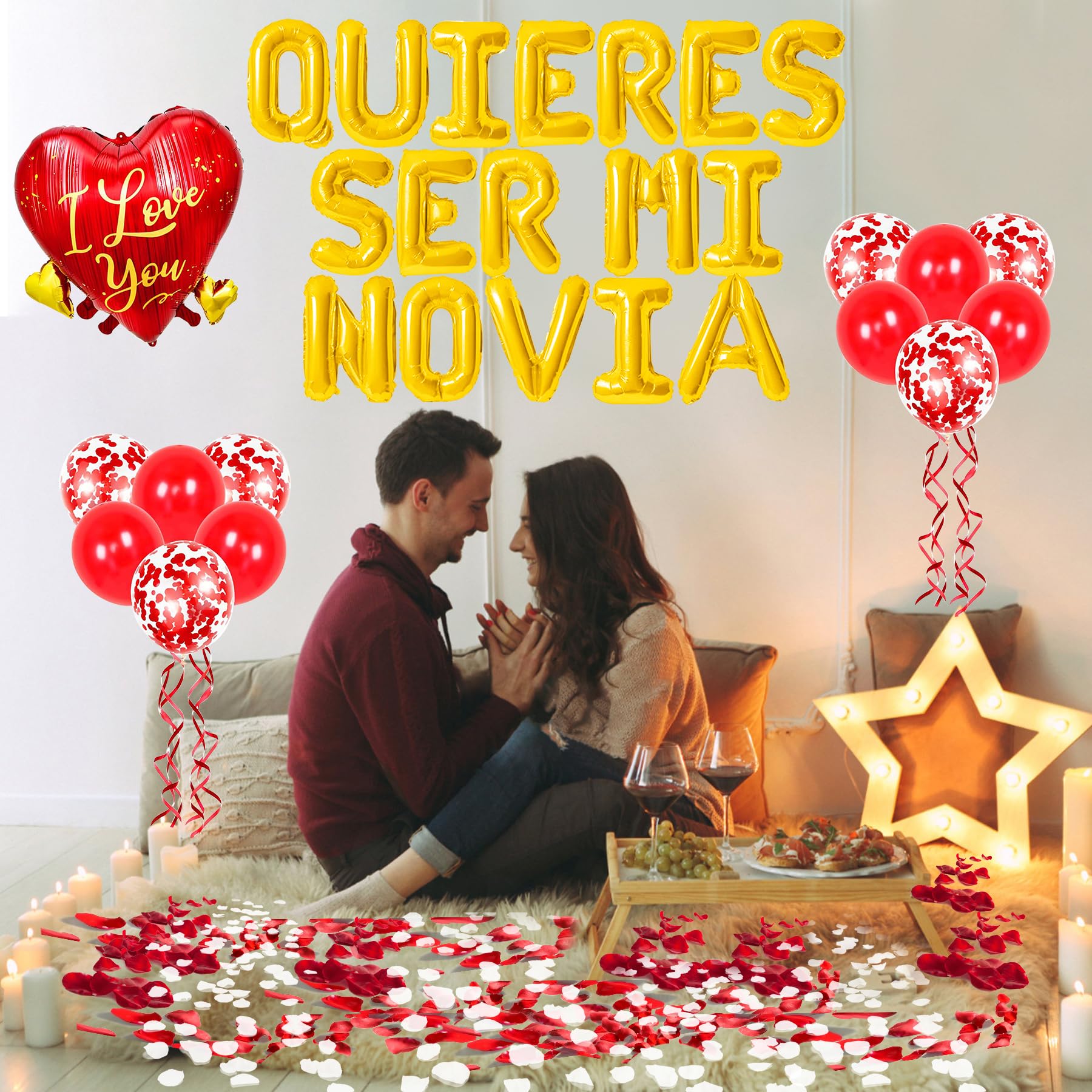 QUIERES SER MI NOVIA BALLOONS - 16" Inch Alphabet Letters Foil Mylar Balloon, Quieres Ser Mi Novia Balloons Spanish with 500 Pcs Artificial Rose for Valentines Anniversary Day Banner Decorations