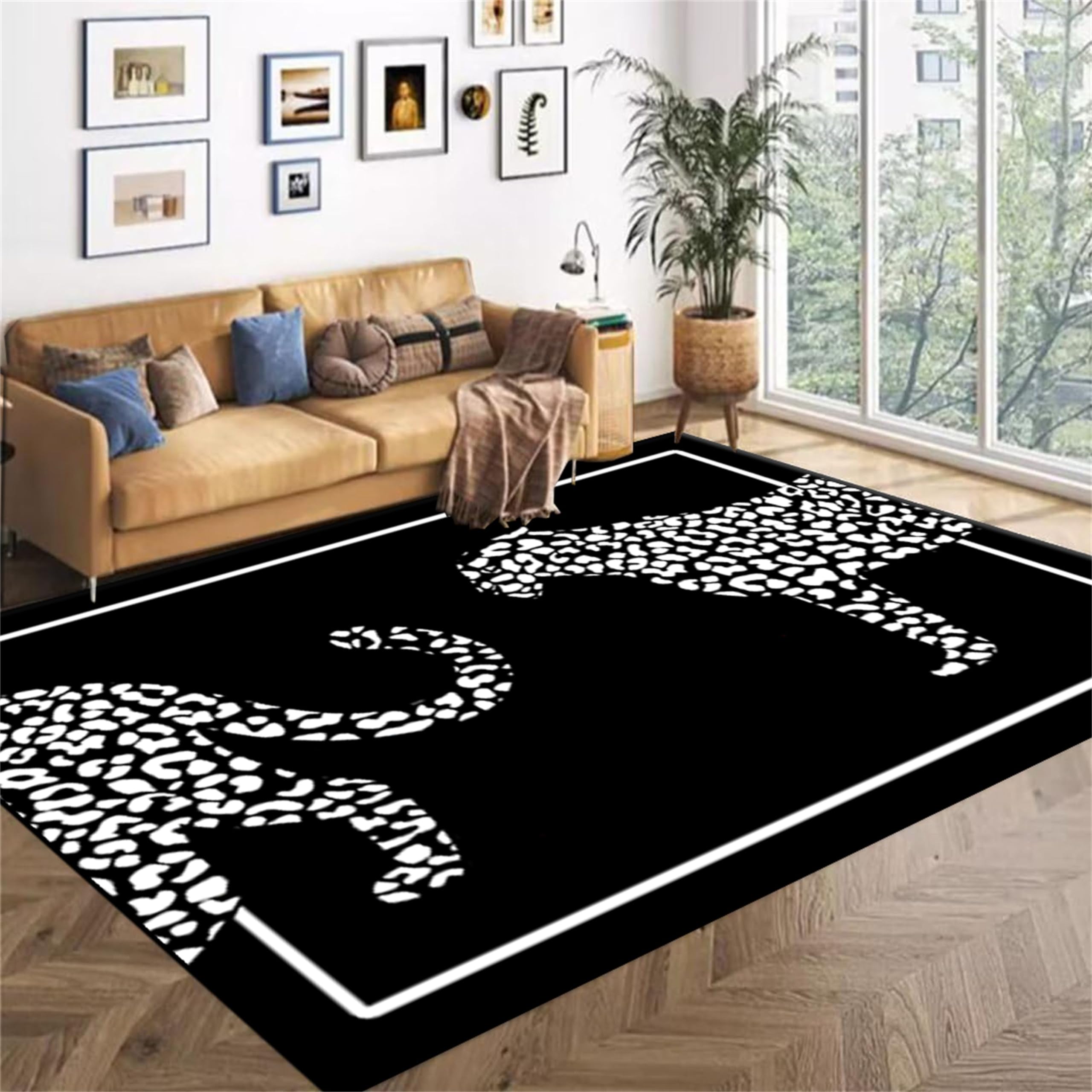 Srocvi Wildlife Area Rug Jungle Black White Cheetch Leopard Print Design Carpets for Kids Playroom Modern Geometric Non-Slip Washable Rug in Black Perfect for Living Dining Room Home Bathroom, 2x5ft