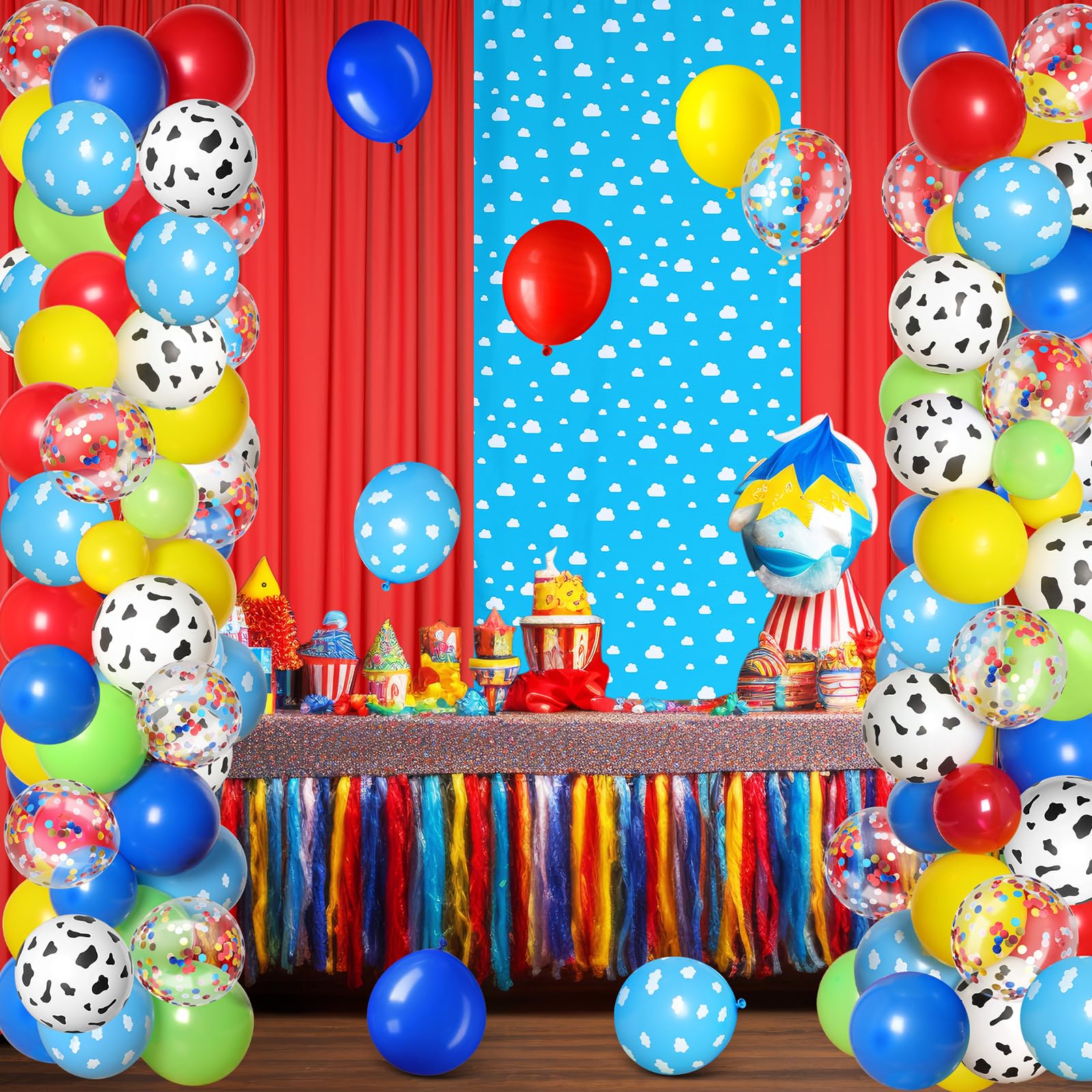 SmoothNovelty 116 Pcs Story Party Decorations Kit Includes 1 Blue Sky White Clouds Backdrop 2 Panels Chiffon Backdrop Curtain 110 Balloons with 3 Roll Accessories for Boys Girls Birthday Baby Shower