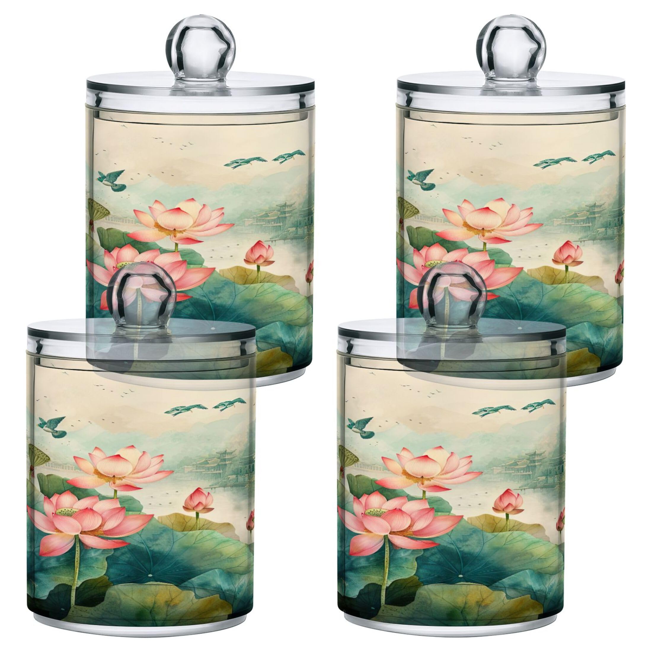 Kigai 2 Pack Watercolor Lotus Flowers Qtip Holders Dispenser Bathroom Vanity Organizers Clear Plastic Apothecary Jars with Lids for Cotton Ball, Cotton Swab, Cotton Round Pads, Floss