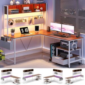 dowinx l shaped desk with pegboard and removable filing cabinet, reversible 67” computer gaming desk with power outlet and led, office corner desk with storage for home game, brown