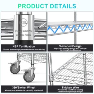 Dolonm 6-Tier Storage Shelves Wire Shelving Unit, 6000 LBS NSF Height Adjustable Shelves Organizer with Wheels, 18"L x 60"W x 87.5"H, Heavy Duty Garage Shelving for Restaurant, Office, Kitchen, Chrome