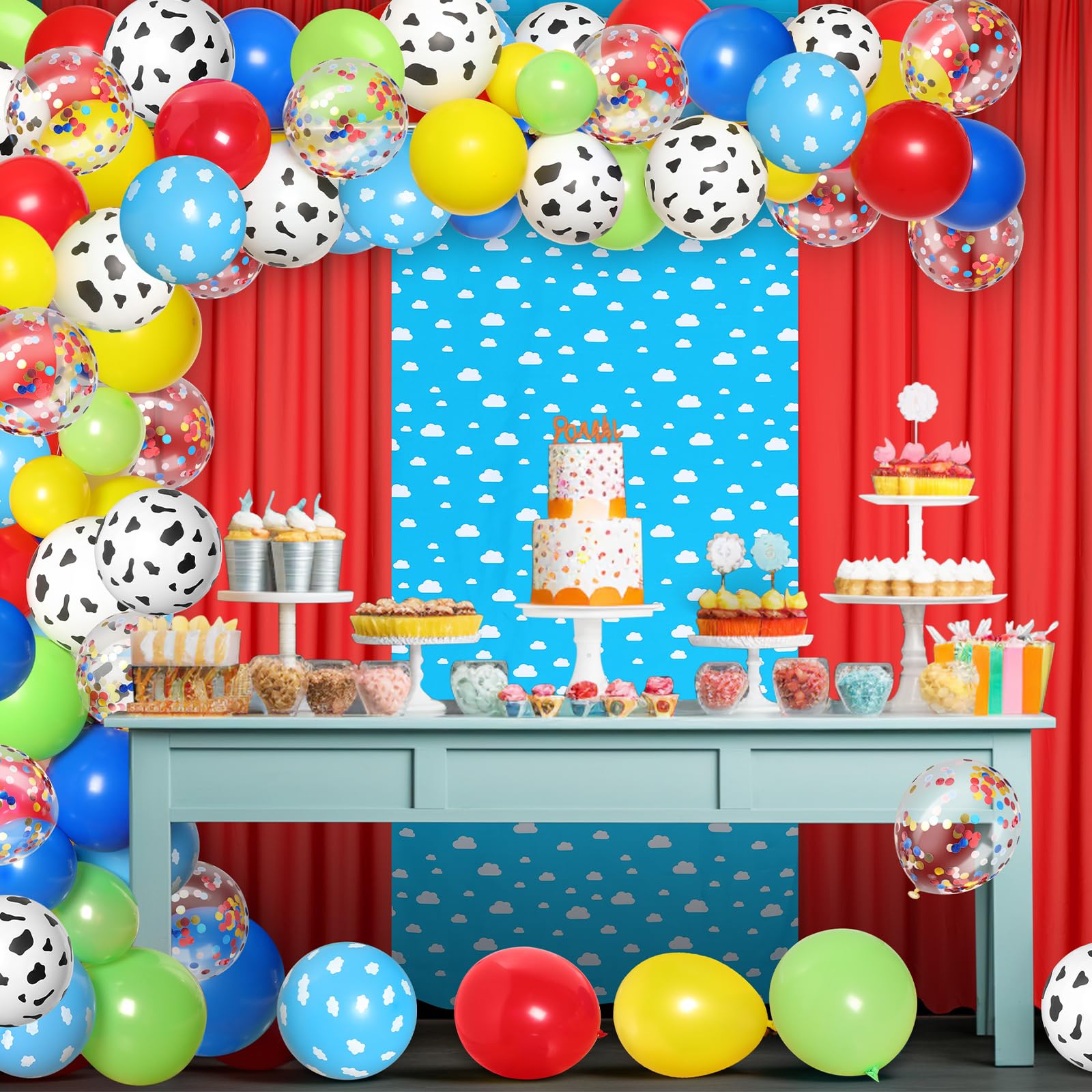 SmoothNovelty 116 Pcs Story Party Decorations Kit Includes 1 Blue Sky White Clouds Backdrop 2 Panels Chiffon Backdrop Curtain 110 Balloons with 3 Roll Accessories for Boys Girls Birthday Baby Shower