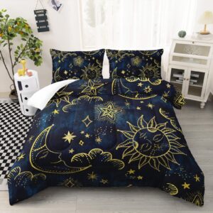 ntlfup sun and moon comforter set twin size, starry sky celestial star bedding set for kids boys girls, blue golden bohemian gothic comforter set