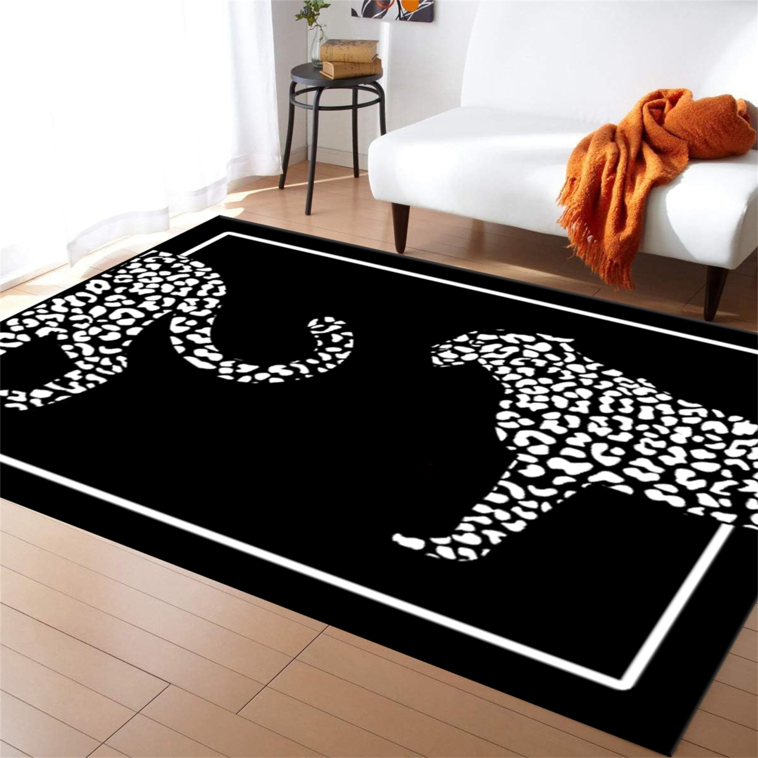 Srocvi Wildlife Area Rug Jungle Black White Cheetch Leopard Print Design Carpets for Kids Playroom Modern Geometric Non-Slip Washable Rug in Black Perfect for Living Dining Room Home Bathroom, 2x5ft