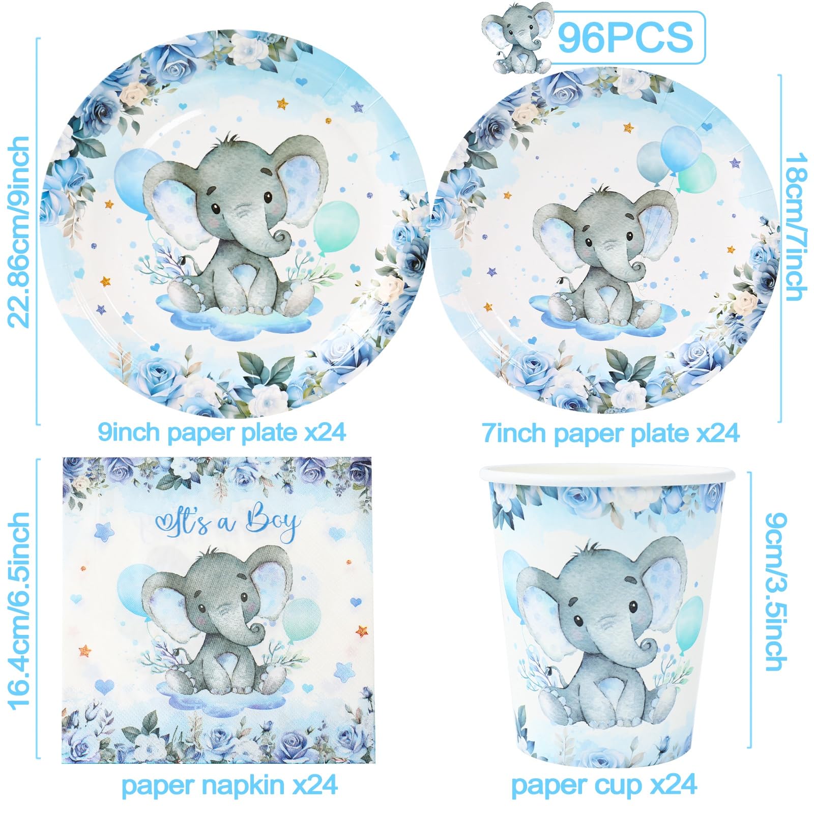 Boy Elephant Baby Shower Decorations Plates - Blue Elephant Plates Disposable Cups,Napkin with Blue flowers for 24 Elephant Theme Party Supplies,Baby Shower Wedding Birthday Party