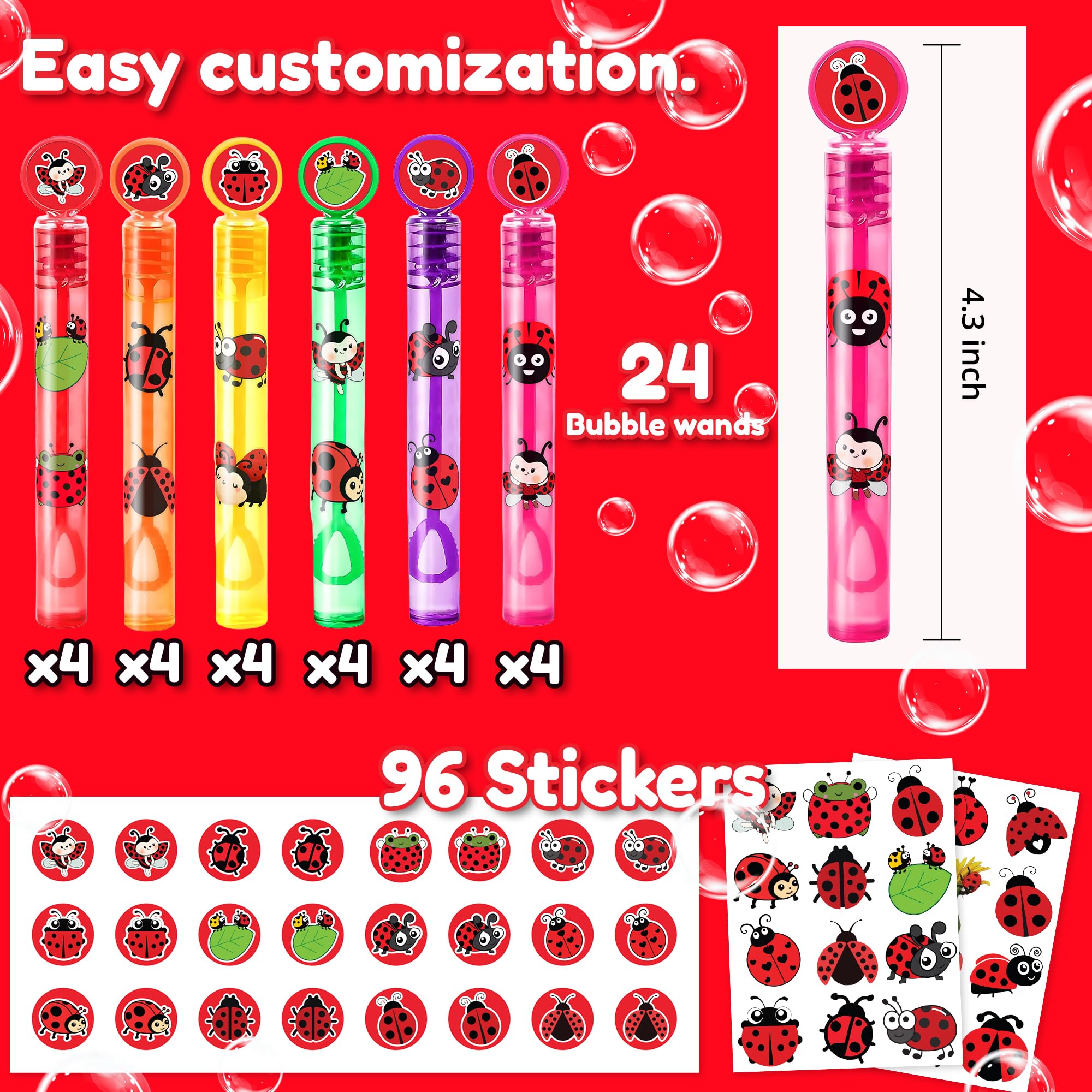 24PCS Ladybug DIY Bubble Wands Party Favors 96PCS Stickers for Goodie Bag Fillers Pinata Stuffers, Mini Bubble Bulk Birthday Party Supplies Toys Gifts Class Prizes for Toddlers Boys Girls