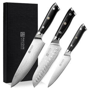 paudin damascus knife set 3 pcs, kitchen knife set with japanese vg10 steel core, ultra sharp chef knife set with full tang g10 handle, damascus kitchen knives