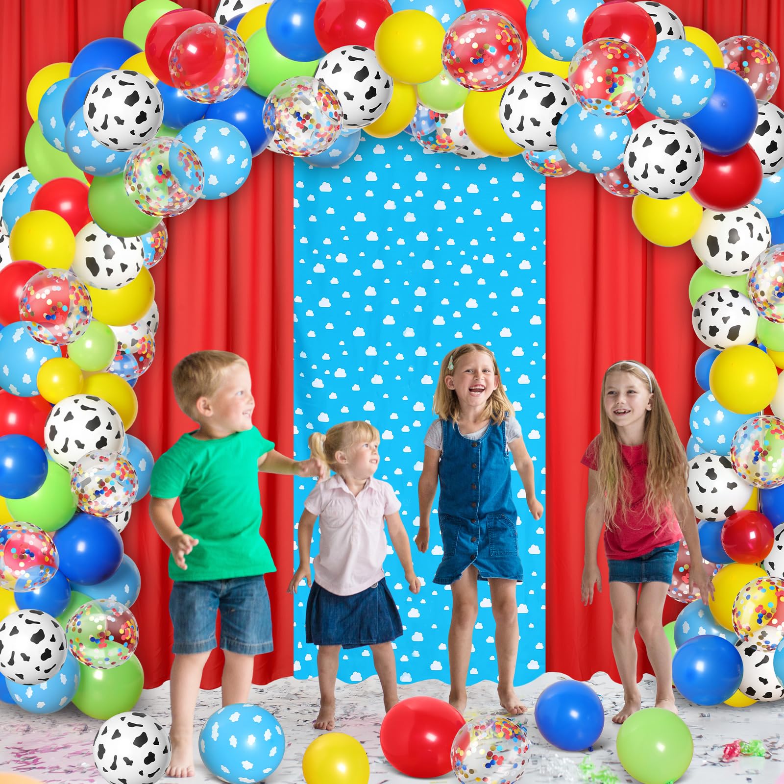 SmoothNovelty 116 Pcs Story Party Decorations Kit Includes 1 Blue Sky White Clouds Backdrop 2 Panels Chiffon Backdrop Curtain 110 Balloons with 3 Roll Accessories for Boys Girls Birthday Baby Shower