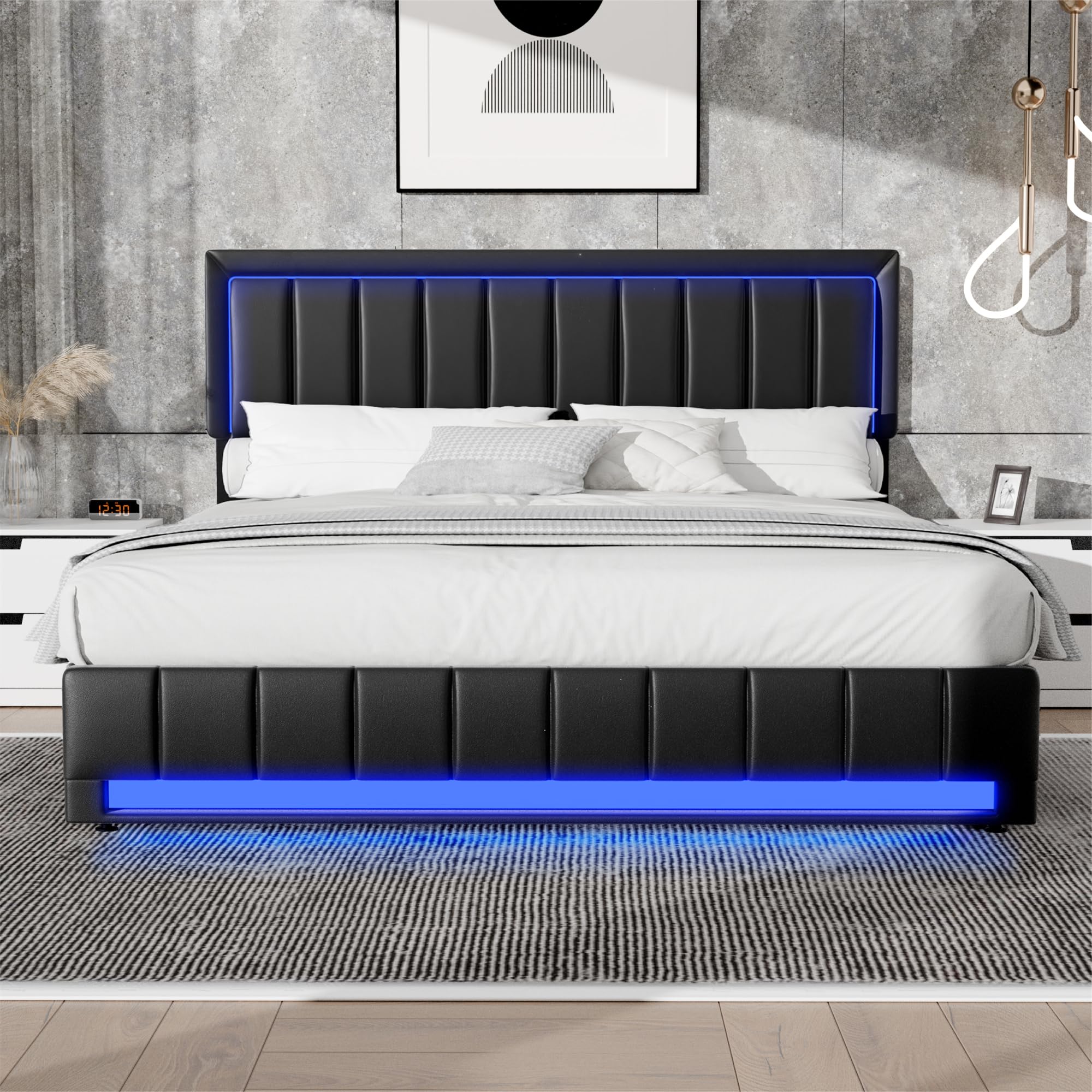 NEDYO Queen Size Bed Frame with Headboard, Platform Bed Frame with LED Lights&4 Storage Drawers, Faux Leather Upholstered Headboard, Wooden Slats Support, NO Box Spring Needed. Metal Black