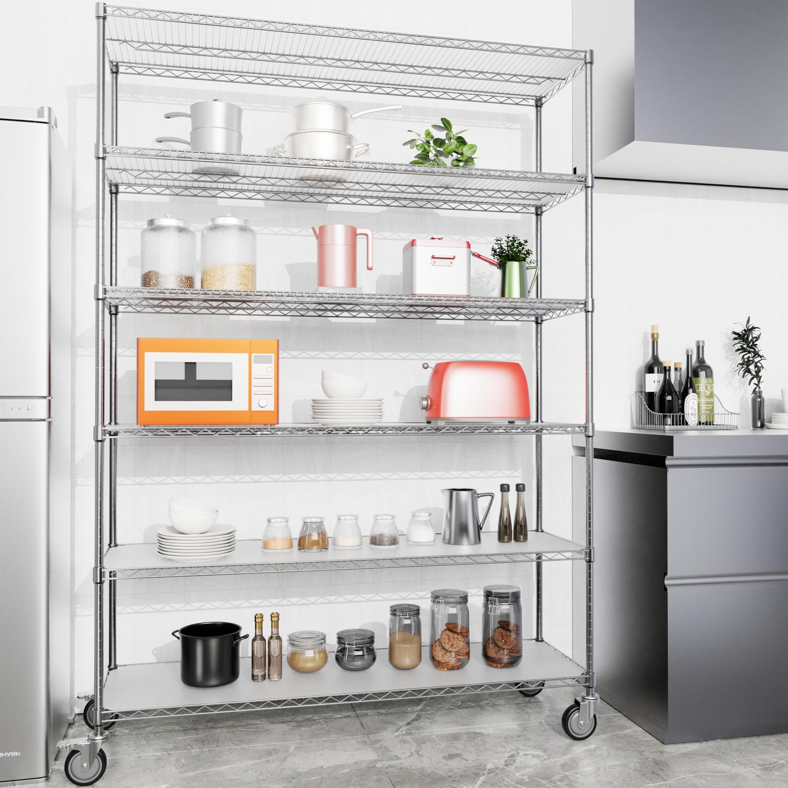 Dolonm 6-Tier Storage Shelves Wire Shelving Unit, 6000 LBS NSF Height Adjustable Shelves Organizer with Wheels, 18"L x 60"W x 87.5"H, Heavy Duty Garage Shelving for Restaurant, Office, Kitchen, Chrome