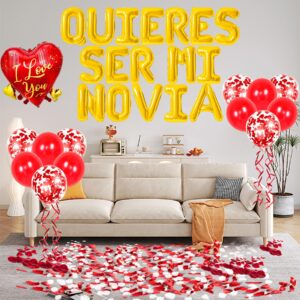 QUIERES SER MI NOVIA BALLOONS - 16" Inch Alphabet Letters Foil Mylar Balloon, Quieres Ser Mi Novia Balloons Spanish with 500 Pcs Artificial Rose for Valentines Anniversary Day Banner Decorations