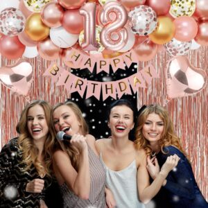 Foregiftsi 18th Rose Gold Birthday Party Decorations - Happy Birthday Banner, Fringe Curtain Heart Star Number 18 Foil Confetti Balloons Hanging Swirls Star Pendantx Cake Toppe for Women Girls