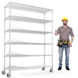 dolonm 6-tier storage shelves wire shelving unit, 6000 lbs nsf height adjustable shelves organizer with wheels, 18"l x 60"w x 87.5"h, heavy duty garage shelving for restaurant, office, kitchen, chrome