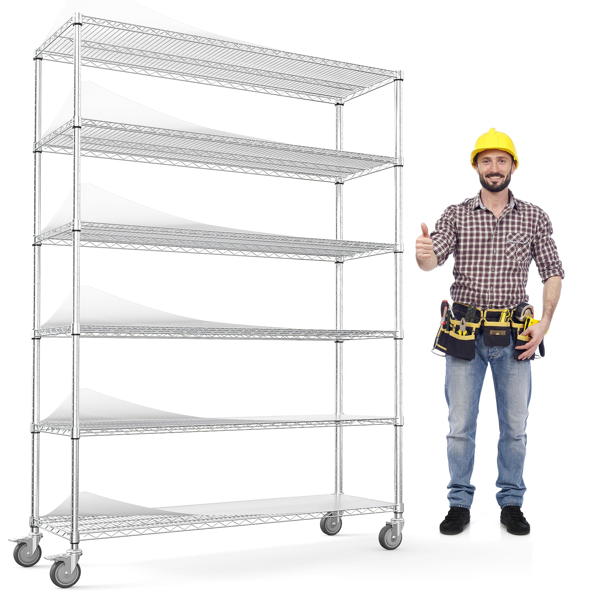 Dolonm 6-Tier Storage Shelves Wire Shelving Unit, 6000 LBS NSF Height Adjustable Shelves Organizer with Wheels, 18"L x 60"W x 87.5"H, Heavy Duty Garage Shelving for Restaurant, Office, Kitchen, Chrome