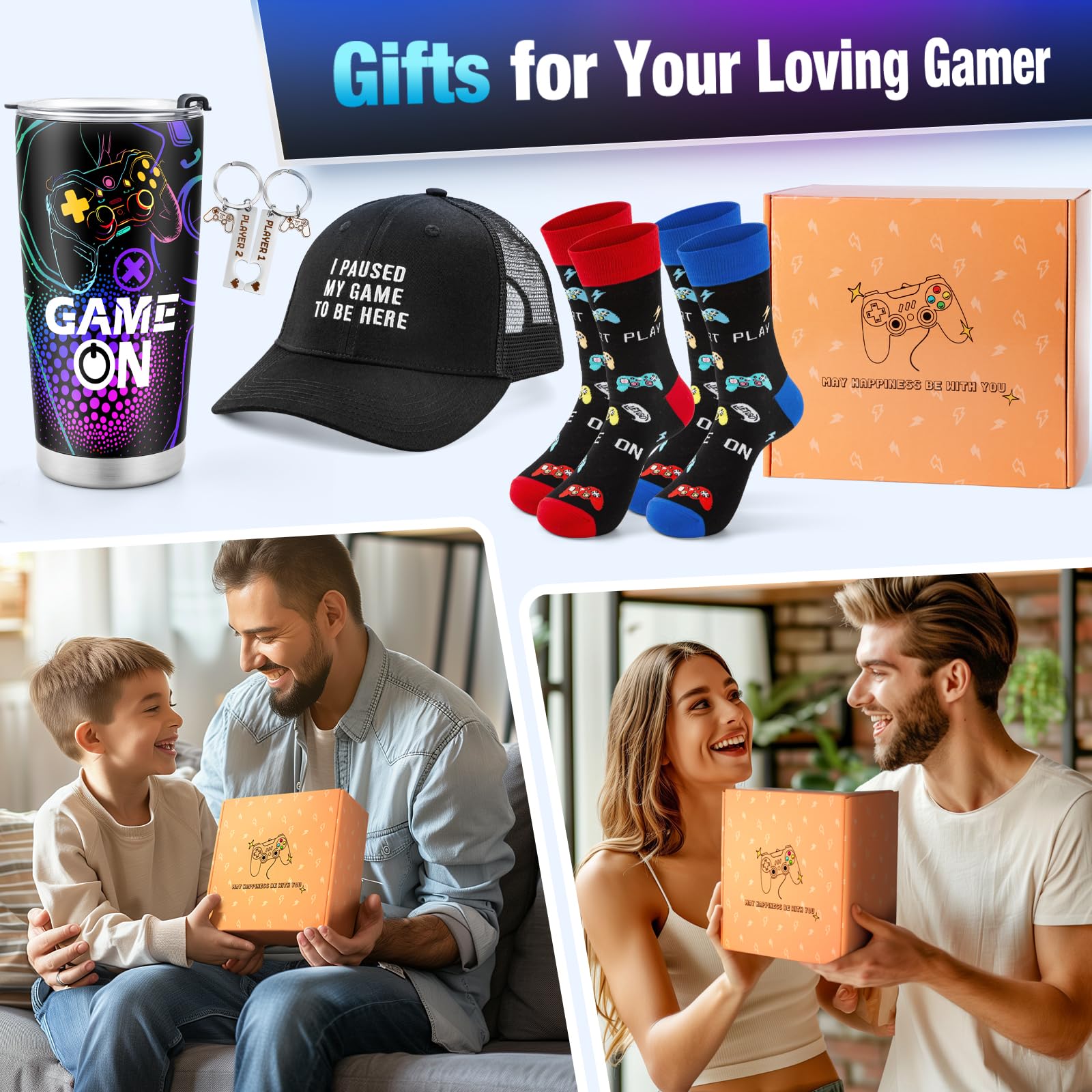 Jekeno Gamer Gaming Tumbler Gift Set for Kids Boys Teens Birthday Christmas Gamepad Gift Box for Men Dad Boyfriend Husband Brother Male Friends Video Game Lovers Mug Socks Hat Gift Basket Presents