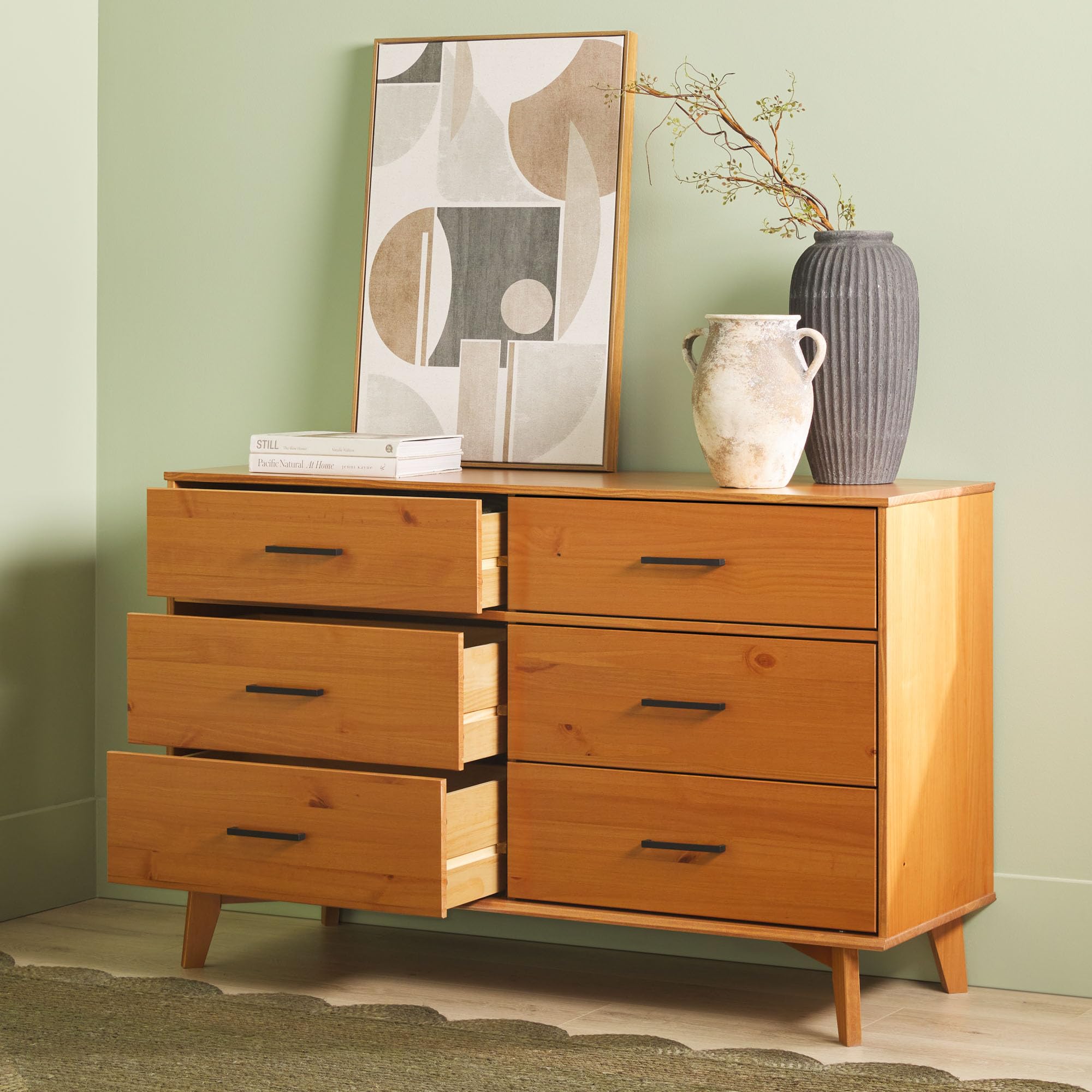 Walker Edision Modern Solid Pine Wood 6-Drawer Dresser with Metal Handles and Generous Storage Space, Caramel Finish