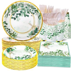 awlzjzqa 350 pcs sage green plates and napkins party supplies serve 50 sage green baby shower decorations eucalyptus paper plates and cups and napkins sets for boho birthday wedding baptism bridal