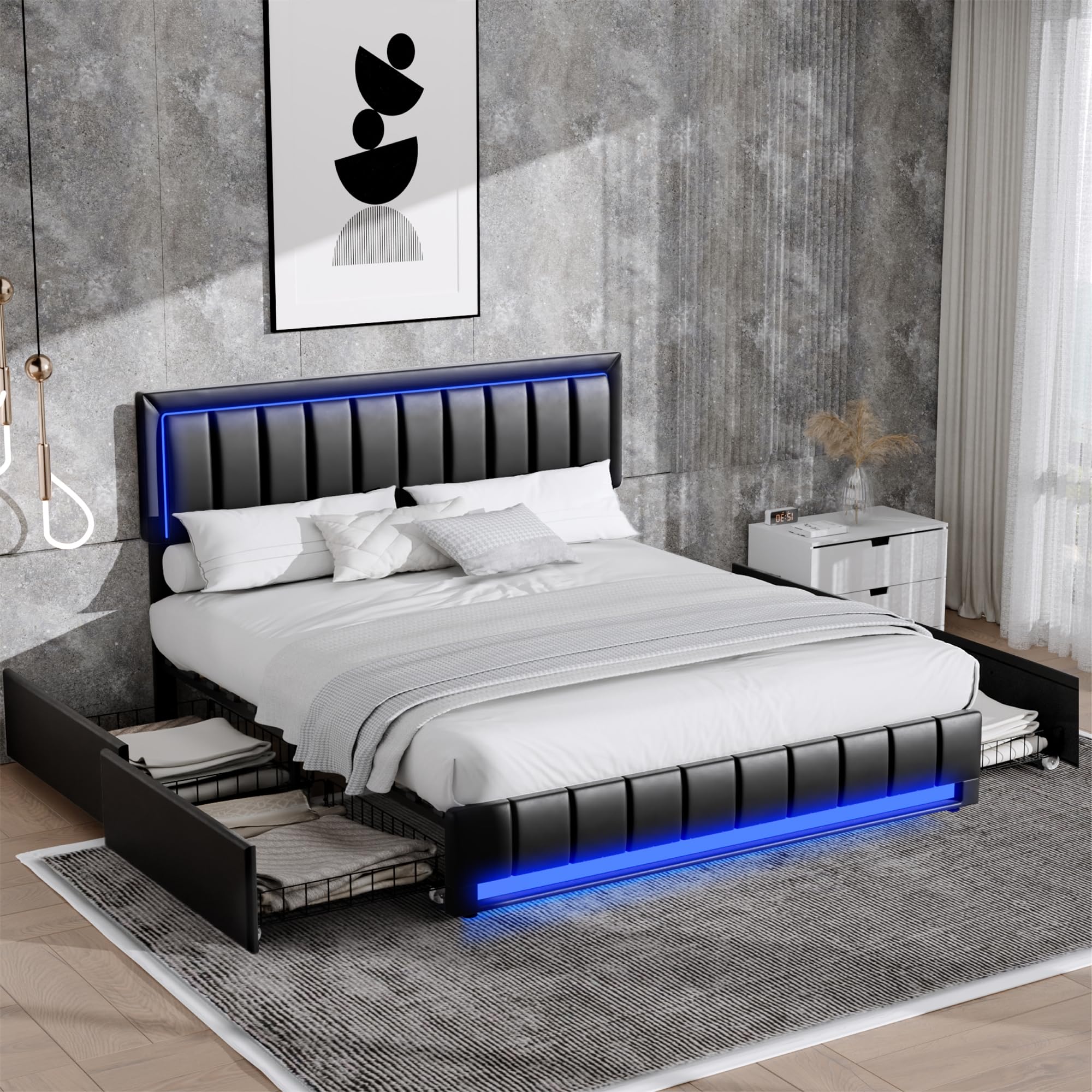 NEDYO Queen Size Bed Frame with Headboard, Platform Bed Frame with LED Lights&4 Storage Drawers, Faux Leather Upholstered Headboard, Wooden Slats Support, NO Box Spring Needed. Metal Black