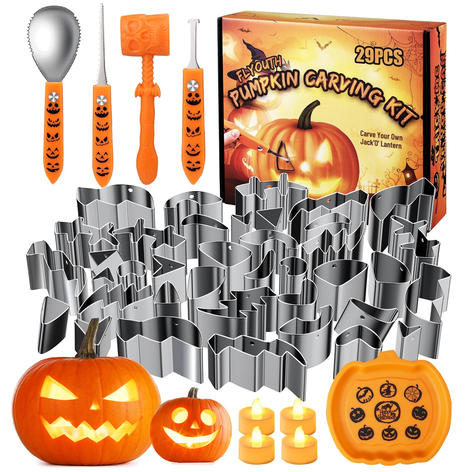 FLYOUTH Pumpkin Carving Kit Tools 29 PCS, Easy to Use and Safe for Kids Adults, Sturdy Stainless Steel Pumpkin Decorating Kit with Stencils, Hammer, Gift for Halloween Jack-O-Lanterns Decoration